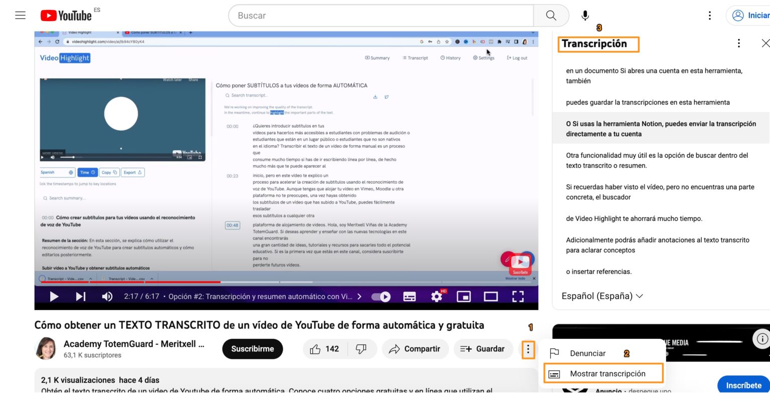 Cómo obtener el texto transcrito de un vídeo en Youtube